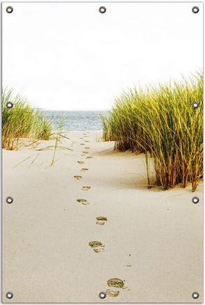 Wallario Outdoor-Poster für Garten oder Balkon Spuren im Sand- Fußspuren durch die Düne zum Meer, Motivbanner Größe: ca. 80 x 120 cm, Outdoor-Bild