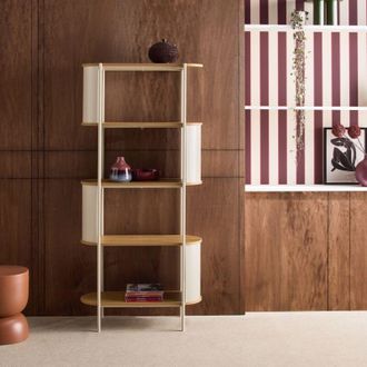 Sweeek Etag&egrave;re biblioth&egrave;que m&eacute;tal courb&eacute; et d&eacute;cor bois 5 niveaux beige - Molto
