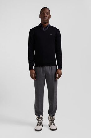 Eden Park Pull Col V En Laine Et Coton Noir Demi-lune Cercl&eacute;e Coupe Regular