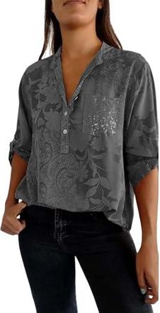 Generic Chemise boutonn&eacute;e pour femme - Chemise d&eacute;contract&eacute;e &eacute;l&eacute;gante &agrave; manches longues &agrave; motif floral, style textur&eacute; &agrave; col, id&eacute;ale pour le travail ou comme t-