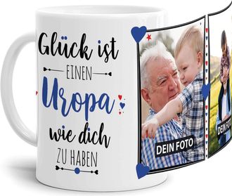 Tassendruck Fototasse mit Spruch für Uropa - Glück ist, jemanden wie Dich zu haben - zum Selbst gestalten mit 2 Fotos, Weiß, 300 ml