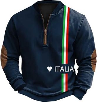 Generic Homme Sweat-Shirt mi-&Eacute;pais avec imprim&eacute; Italie Drapeau Cr&eacute;atif Pull Coupe Ample Haut Homme &agrave; Manches Longues T-Shirts Polo Demi-Zipp&eacute; Cadeau de Sport 