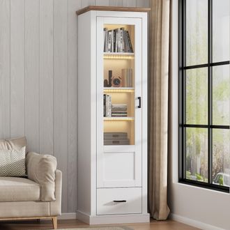 Merax Vitrine mit LED-Lichtern, Glasvitrine mit Schubladen und 5 Fächern, Modern Vitrinenschrank Bücherschrank Sammlervitrine, Hochschränk für Küchen Wohnzi