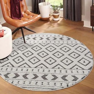Carpet City Tapis à poils courts gris, crème, 120 cm, rond, motif de profondeur, effet 3D, motif losanges, revêtement de sol, décoration de chambre à coucher