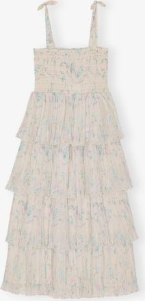 Ganni Robe midi &agrave; bretelles en georgette pliss&eacute;e imprim&eacute; fleuri - Taille 40 Beige - Pour Femme