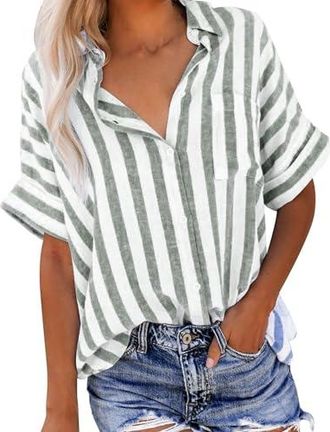 Generic Chemise boutonn&eacute;e en gaze pour femme, chemisier &agrave; rayures tendance &agrave; manches courtes en coton et lin avec poches, t-shirt &agrave; revers confortable et l&eacute;ge