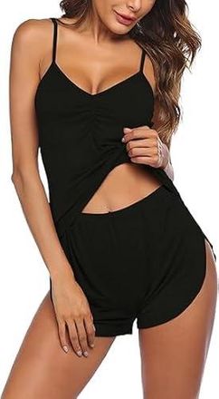 Ekouaer Ensemble de Pyjama Femme Manche sans Vêtements de Nuit Sexy Sleepwear Pantalons Court Style Classique, Noir, XL