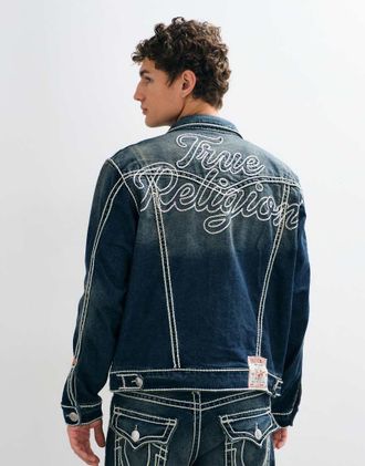 True Religion Oversized-Fit Trucker-Jacke mit Seilstich-R&uuml;ckendruck in Blau