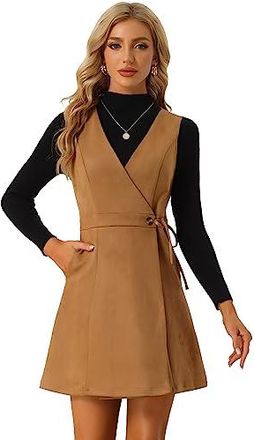 Allegra K Robe Salopette en Daim pour Femme col en V Vintage Robe Chasuble boutonnée sur Le Devant Marron L