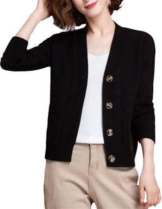 Generic Cardigan tricot&eacute; &agrave; manches chauve-souris pour femme avec col en V et fermeture &agrave; boutons, noir, Taille M