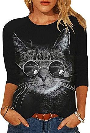 Onsoyours Femmes Tops Chat Silhouette Imprimer Casual Sweatshirts &Agrave; Manches Longues Pull Col Rond Pull Blouse Mignon Kitty Chaton Puss Motif T Shirts (XXL, G Ch