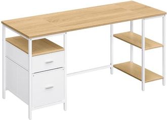 Vasagle Computertisch, B&uuml;rotisch, Schreibtisch, mit 3 Ablagen, 2 Schubladen, 160 x 60 x 76 cm, f&uuml;rs B&uuml;ro, Wohnzimmer, moderner Stil, natureichenfarben-wolkenw