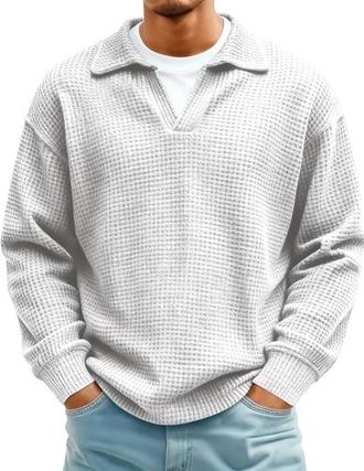 Generic T-shirt vintage en maille gaufr&eacute;e pour homme - Col ample - Manches longues - D&eacute;contract&eacute; - Confortable - Manches longues, Blanc (01), XL
