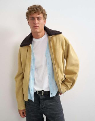 Topman Oversize-Jacke aus echtem Wildleder mit Shearling-Kragen in Buttergelb