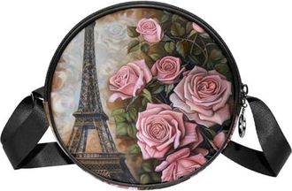 Generic Sac &agrave; bandouli&egrave;re rond pour femme, motif Tour Eiffel roses, petit sac &agrave; bandouli&egrave;re avec fermeture &eacute;clair, bretelles r&eacute;glables, sac &agrave; main rond d&eacute;cont