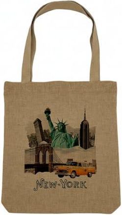 Fabulous Sac Shopping Tote Bag Aspect Lin - New York Collage Am&eacute;rique Voyage Carte Postale - Sac de Courses Toile Epaisse 360g Beige Naturel Cabas Port&eacute; Epaule