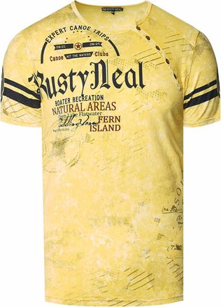 Rusty Neal T-Shirt Herren Front Logo Print Verwaschen in Sommer Farben Knopfleiste Rundhals Petrol 245, Farbe:Gelb, Größe:3XL