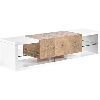 Beliani Beliani - Meuble TV moderne effet bois clair et blanc - 3 tiroirs cubes spacieux - &Eacute;tag&egrave;res en verre de s&eacute;curit&eacute; - Dimensions 160x40x42cm