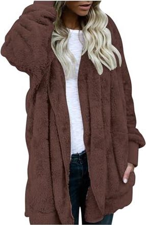 Generic Sweat-shirt rouge femme et hiver nouveau peluche chaud mi-long manteau uni cardigan maille fine femmes, caf&eacute;, XL