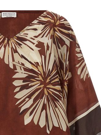 Brunello Cucinelli Floral-Print Silk Twill Tunic - Burgundy