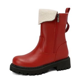 Generic Bottes de motard tendance pour femme - Bout rond - Plateforme - Talons &eacute;pais - Avec fermeture &eacute;clair lat&eacute;rale, Rouge, 40.5 EU