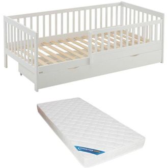 Vente-Unique Vente-unique - Lit 90 x 190 cm avec tiroir - Pin et mdf - Blanc + Matelas - proviati