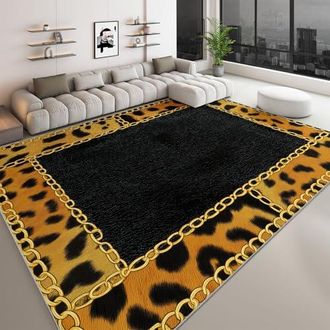 Generic Tapis Noir Lavable pour Salon, Tapis &agrave; Poils Courts Antid&eacute;rapant Minimaliste &Eacute;l&eacute;gant Animal L&eacute;opard Impression pour Enfants Bureau Salle &agrave; Manger Cuis