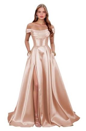 Generic Robes de bal en satin avec fente sans bretelles, corset trapèze, robes de bal à épaules dénudées, longues robes de soirée formelles avec poches, pêche