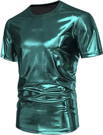 Generic T-shirt brillant pour homme en satin brillant &agrave; col rond et manches courtes infroissable - Coupe ajust&eacute;e - Couleur unie - Pour f&ecirc;te disco - Chemises t