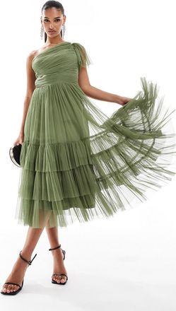 Lace & Beads Madison - Robe de demoiselle dhonneur mi-longue et asym&eacute;trique en tulle - Olive doux-Vert