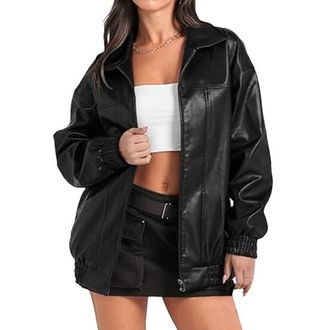 Generic Blouson aviateur surdimensionn&eacute; en similicuir pour femme, manteau de motard, vestes tendance automne-hiver