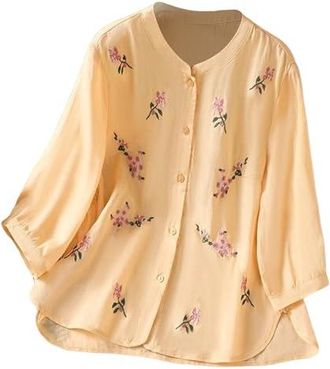 Generic Chemisier d&eacute;t&eacute; en lin pour femme - Manches 3/4 - Chemise en lin pour femme - Chemisier m&eacute;di&eacute;val en mousseline - T-shirt surdimensionn&eacute; - Col rond - Tu