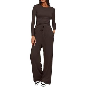 Generic Ensemble dint&eacute;rieur 2 pi&egrave;ces pour femme - Ensemble de d&eacute;tente avec cordon de serrage - Manches longues - Pantalon large avec poches - En coton doux - 
