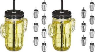 Relaxdays Trinkgl&auml;ser mit Strohhalm & Deckel, 8er Set Eisteebecher, Limonadengl&auml;ser Kaktus, 500 ml, Gastro, transparent (Packung mit 2)