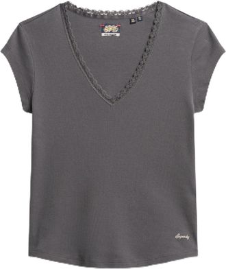 Superdry Damen Athletic Essentials Oberteil mit Spitzenbesatz und V-Ausschnitt Dunkles Schiefergrau 42-44