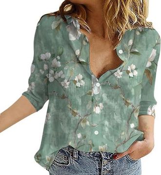 Generic Haut &agrave; manches longues &agrave; col en V pour femme - Chemisiers floraux &agrave; manches longues - Blouses et chemises de plage, hauts de vacances, hauts basiques 