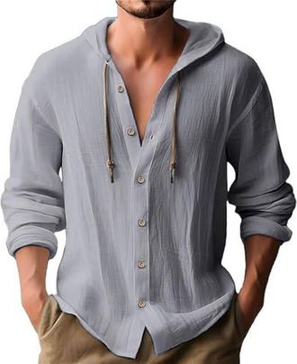 Generic Sweat &agrave; capuche en lin &agrave; manches longues boutonn&eacute;es pour homme | Sweat &agrave; capuche de plage l&eacute;ger pour l&eacute;t&eacute; - pour les voyages, gris, 3XL