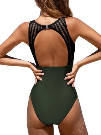 Cupshe Damen Badeanzug High Neck Bauchweg Raffung Netzstoff Rückenfrei Elegant Einteilige Bademode Swimsuit Dunkelgrün XS