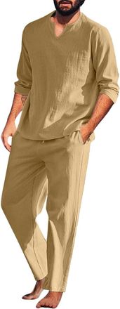 Generic Zweiteiler Leinen Freizeitanzug Herren Leinenanzug Sommer 2-Teiliges Shirt Langarm und Strandhose aus Baumwolle und Leinen Hausanzug Jogginganzug Yoga
