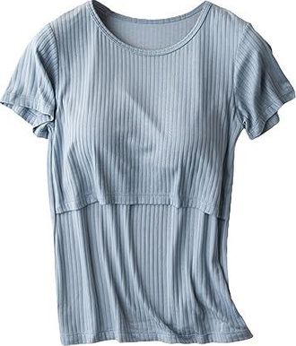 Generic T-shirt de maternité ample à manches courtes et col rond pour femme - Couleur unie - T-shirt dallaitement pour lallaitement - Chemise de maternité, bl