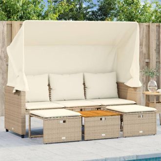 vidaXL Outdoor-Sofa 3-Sitzer mit Dach und Hockern Beige Poly Rattan - Vidaxl