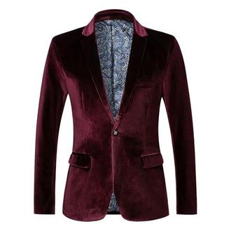 Generic Blazer en velours pour homme, coupe ajust&eacute;e, veste de smoking classique en velours &agrave; un bouton, Rouge 2, 3XL