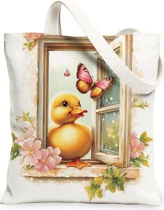 Generic Sac fourre-tout en toile de canard printanier pour le shopping, 33 x 38,1 cm, motif floral amusant, r&eacute;utilisable, sac d&eacute;picerie pour femme, peinture a