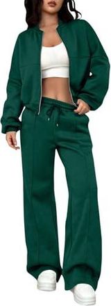 Generic Surv&ecirc;tement 2 pi&egrave;ces pour femme &agrave; manches longues avec fermeture &eacute;clair et pantalon long, Vert, XL