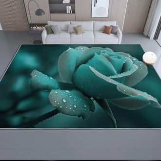Generic Tapis de Salon Lavable - Antid&eacute;rapant &agrave; Poils Courts Doux Chambre Poil Ras Tapis &Eacute;l&eacute;gance Fleurs Roses, Vert Turquoise pour Salle &agrave; Manger Chambre den
