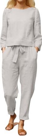 Generic Co Ord Ensembles pour femmes V&ecirc;tements de couleur unie Haut pliss&eacute; &agrave; manches longues et pantalon ample &agrave; jambe large Costume d&eacute;contract&eacute; Ensemble de s