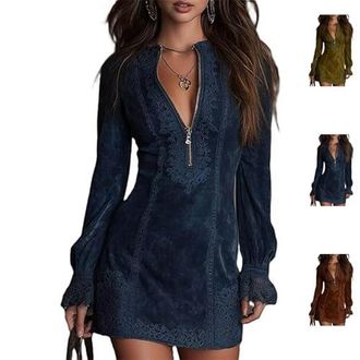 Generic Robe en daim avec col en V et fermeture &eacute;clair, mini robes dautomne en daim pour femme, robes de cowgirl chic, noir fonc&eacute;, XS