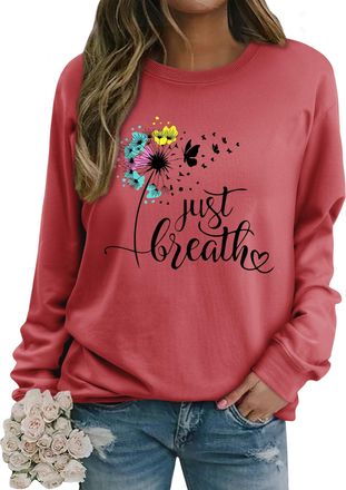 Dresswel Damen L&ouml;wenzahn Sweatshirt Langarmshirt Just Breath Pusteblume Schmetterling Drucken Pullover Herbst Winter Bluse Tops Oberteile