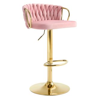 Woltu Barhocker h&ouml;henverstellbar, Barstuhl 360&deg; drehbar, K&uuml;chenhocker mit geflochtener R&uuml;ckenlehne Fu&szlig;st&uuml;tze, Samtstuhl mit Metallrahmen, Rosa, BH426rs-1