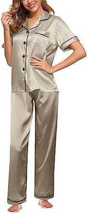 Generic Ensemble De Pyjama Femme Satin 2 pièces Nuit Pyjamas en Soie Vêtements Manches Courtes ete Pantalon Longue Les Vêtement Doux Short Deux pour Ado Fille